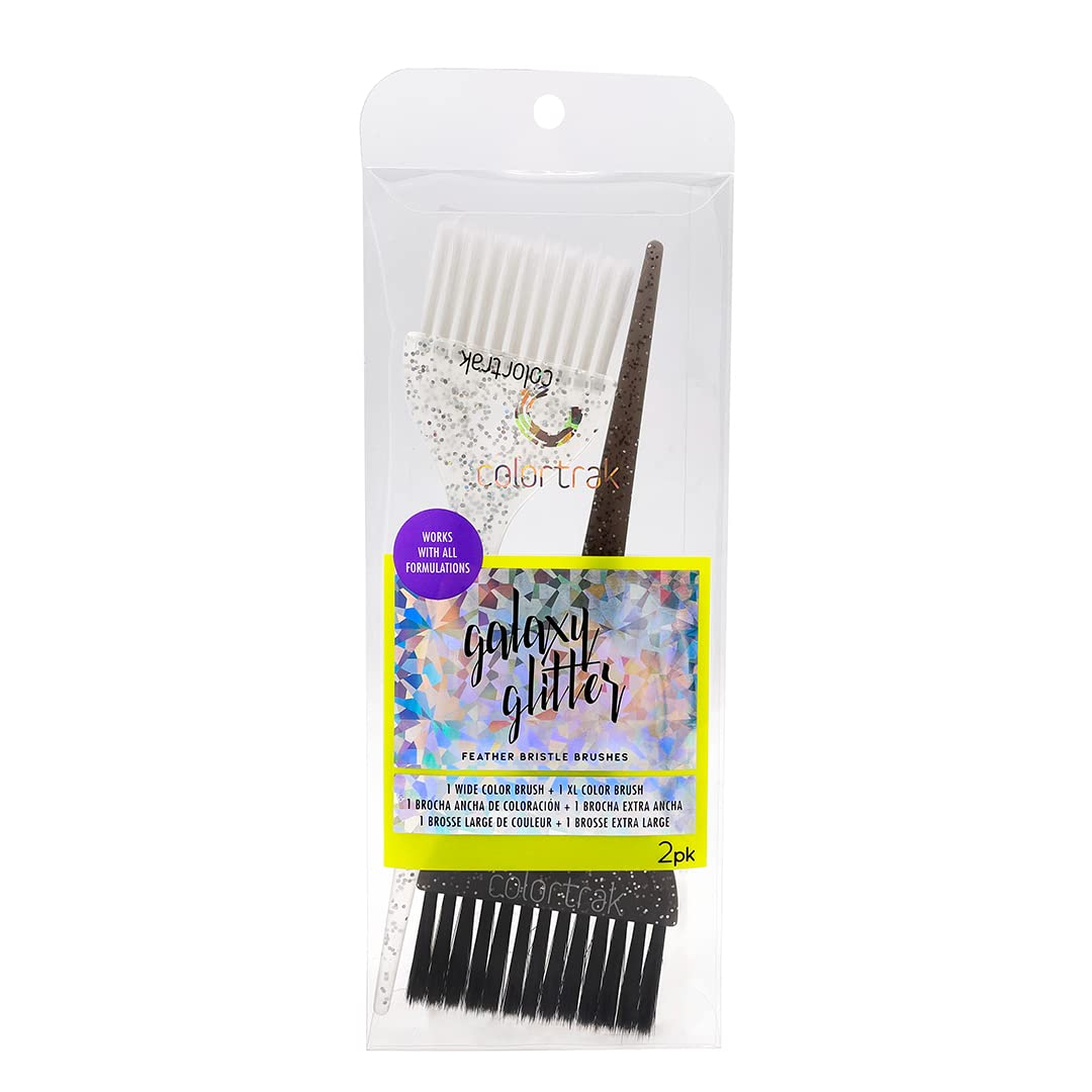 Colortrak Galaxy Glitter 2 Piece Hair Brush Set for Highlighting and Coloring Hair Sections, Includes 2.5 Inch Wide Celestial Glow Soft Bristle Brush, 3 Inch Wide Meteor Shower Stiff Bristle Brush