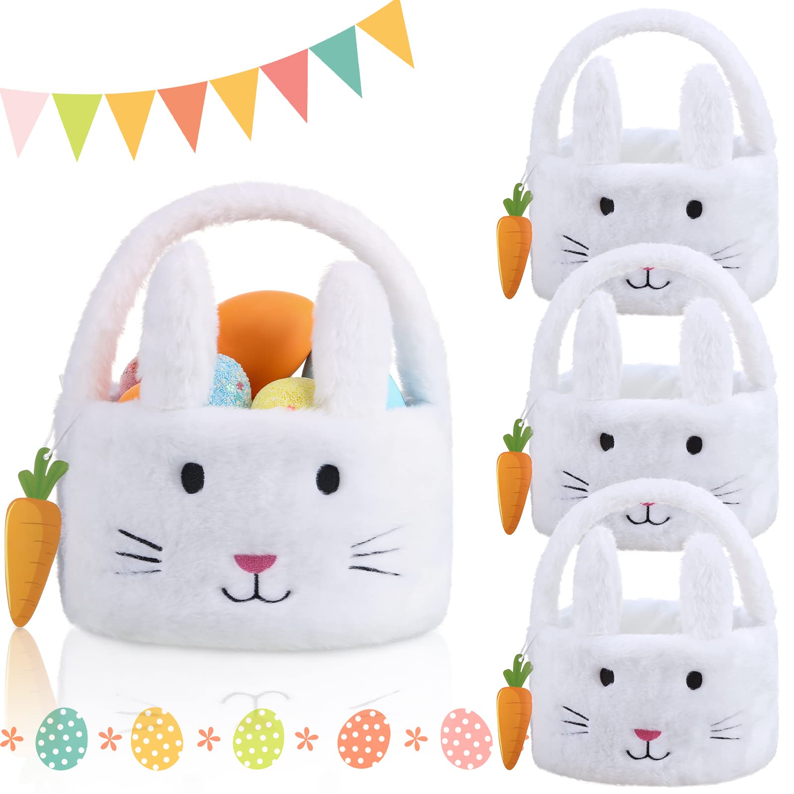 4 Pcs Easter Bunny Basket for Kids Cute Plush Rabbit Basket with Handle Foldable Ears White Basket with Carrot Name Card for Baby Girl Boy Easter Egg Hunt, 9.84 x 7.87 Inch