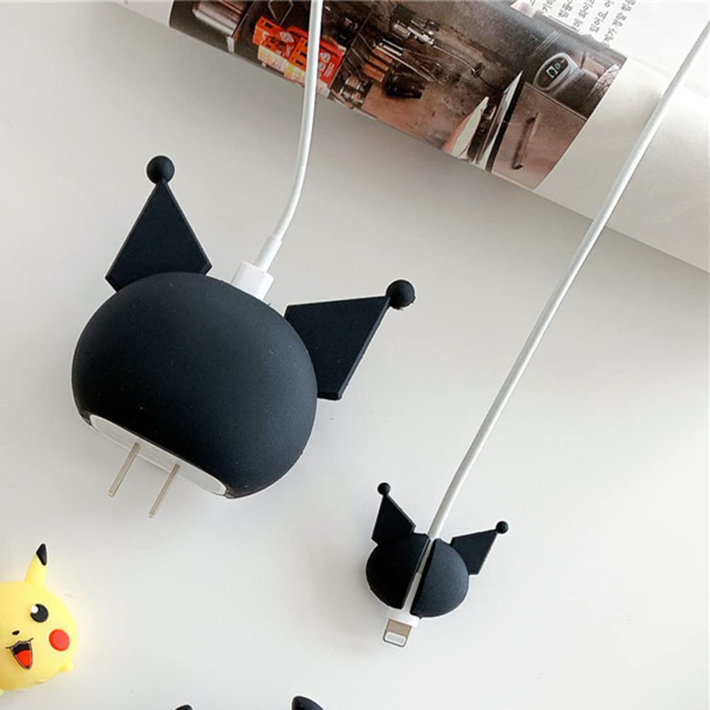 3D Protective Case for iPhone 20W USB-C Power Adapter Charger USB Lightning Cable, Cute Cartoon Series Soft Silicone Fast Lightning Chargers Cable Protective Cover for iPhone Charger (Black Hood)