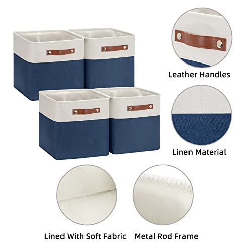 HNZIGE Fabric Cube Storage Bins Basket for Shelves Set of 4, Fabric Storage Cubes Baskets Closet Storage Bins for Cube with Handles, Cubby Storage Bins for Organizing Home Office (White Blue)
