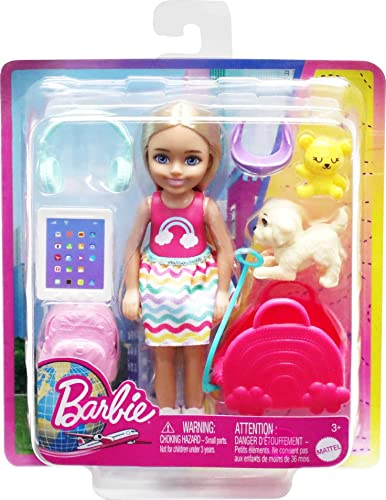 Barbie Chelsea Doll & 6 Accessories, Travel Set with Puppy, Pet Carrier & Backpack that Opens & Closes, Blonde Small Doll