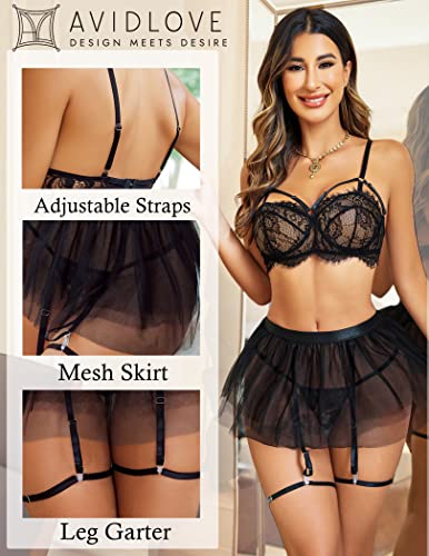 Avidlove Lace Lingerie Set with Garter Belt Mesh Skirt Nightwear (Black, Small)
