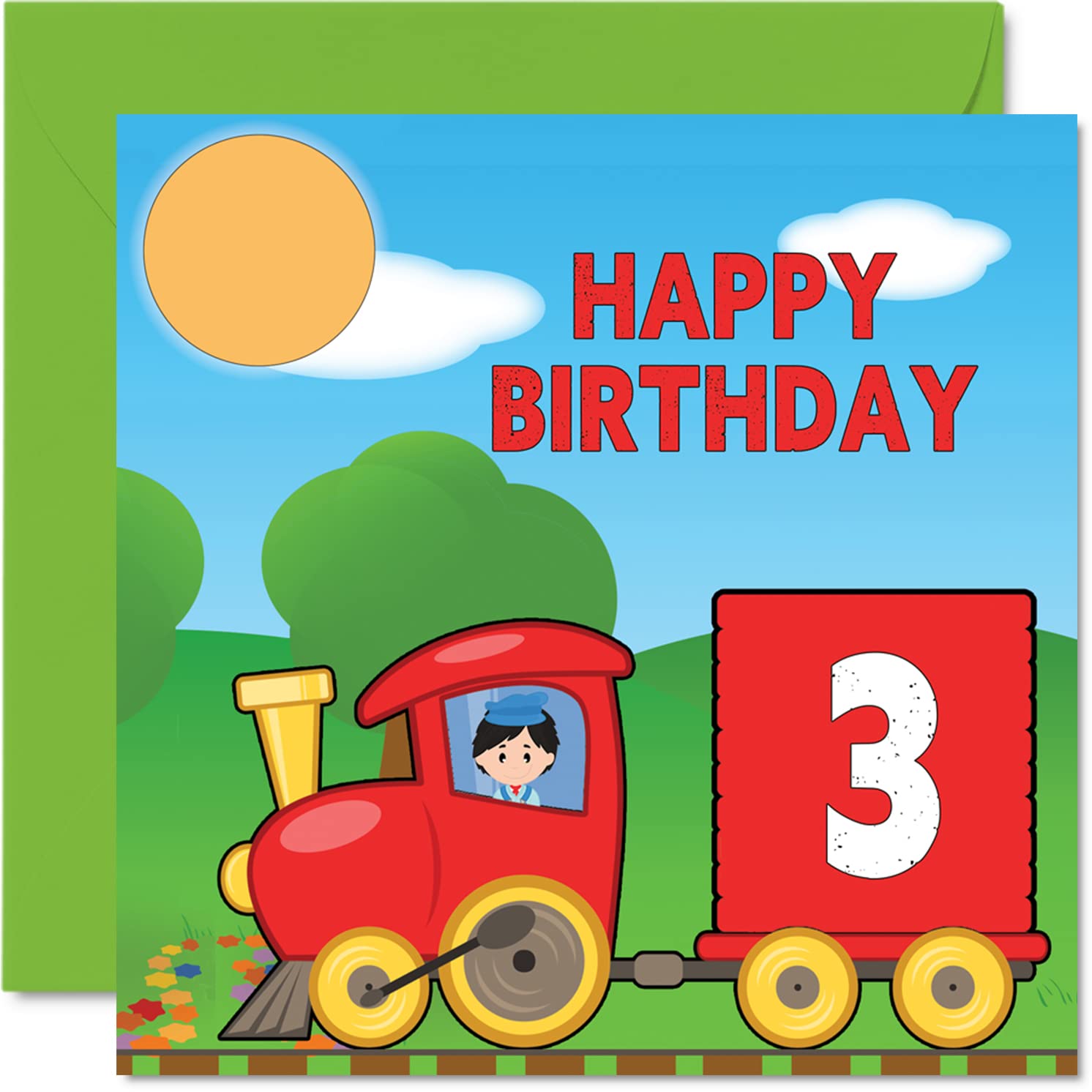 3rd Birthday Card Unisex - Train - Happy Birthday Card for 3 Year Old Son Daughter Brother Sister Grandson Granddaughter Niece Nephew Cousin, 5.7 x 5.7 Inch Birthday Greeting Card