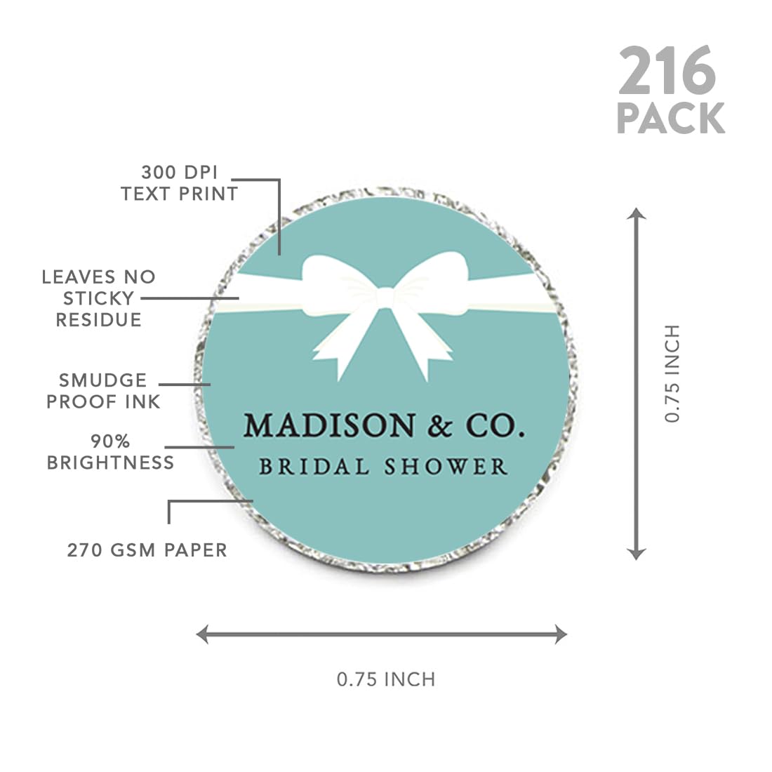 Andaz Press Personalized Chocolate Drop Labels Stickers Single, Madison & Co Bridal Shower, 216-Pack, Custom Made Name, Fits Bride & Co Themed Kisses Party Favors, Gifts, Decor Decorations