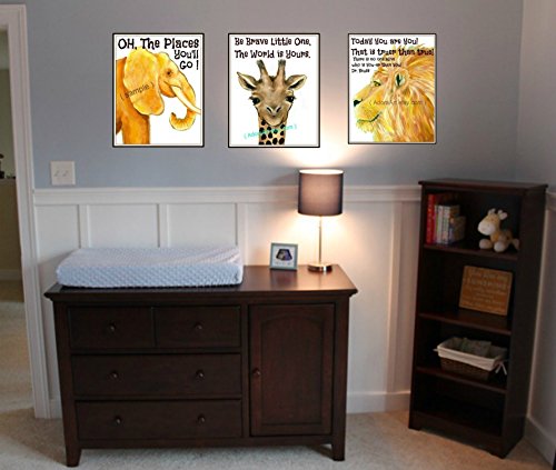 3 Safari nursery prints, Lion, Giraffe, Elephant.