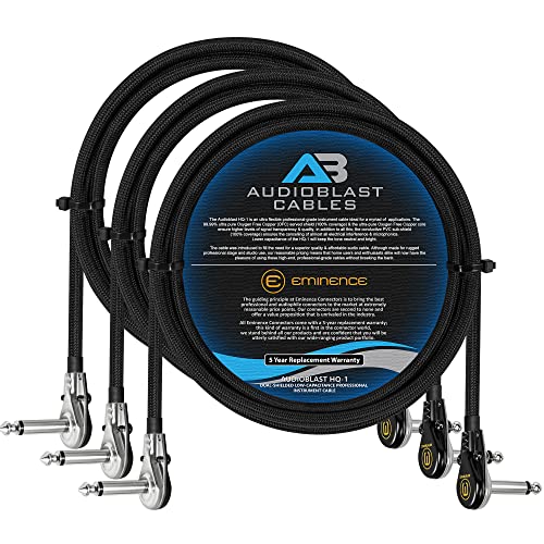 3 Units - 5 Foot - Audioblast HQ-1- Braid (Black) - Flexible - Dual Shielded (100%) - Instrument Effects Pedal Patch Cable w/ ¼ inch (6.35mm) Low-Profile, R/A Pancake TS Plugs & Protective Boot