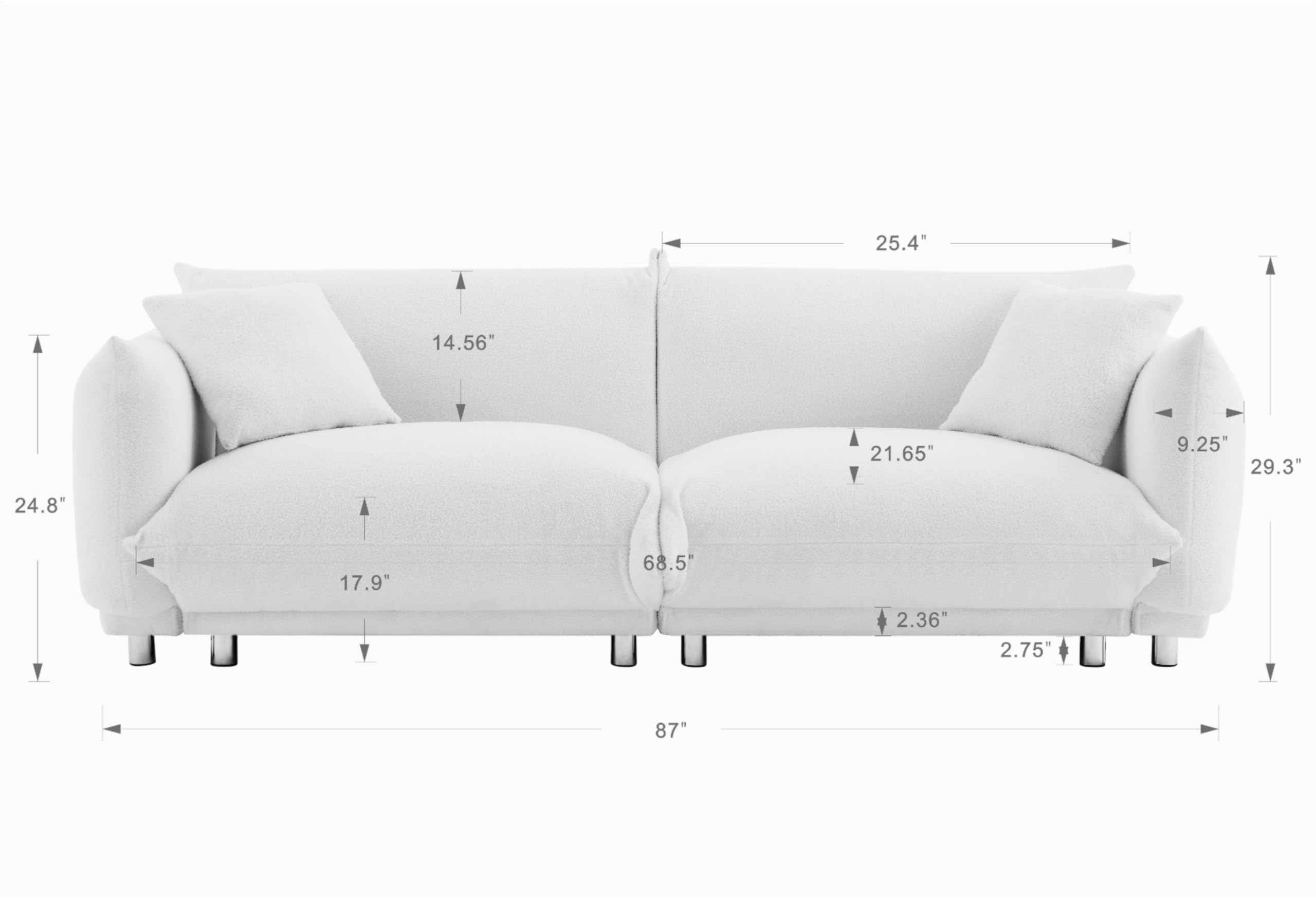 3 Seater Sherpa Teddy Cloud Couch, Lambswool Fabric Upholstered Overstuffed Loveseat, Extra Deep Seat Modular Sectional Sofa with Metal Legs for Living Room Apartment,Office, 2 Pillows