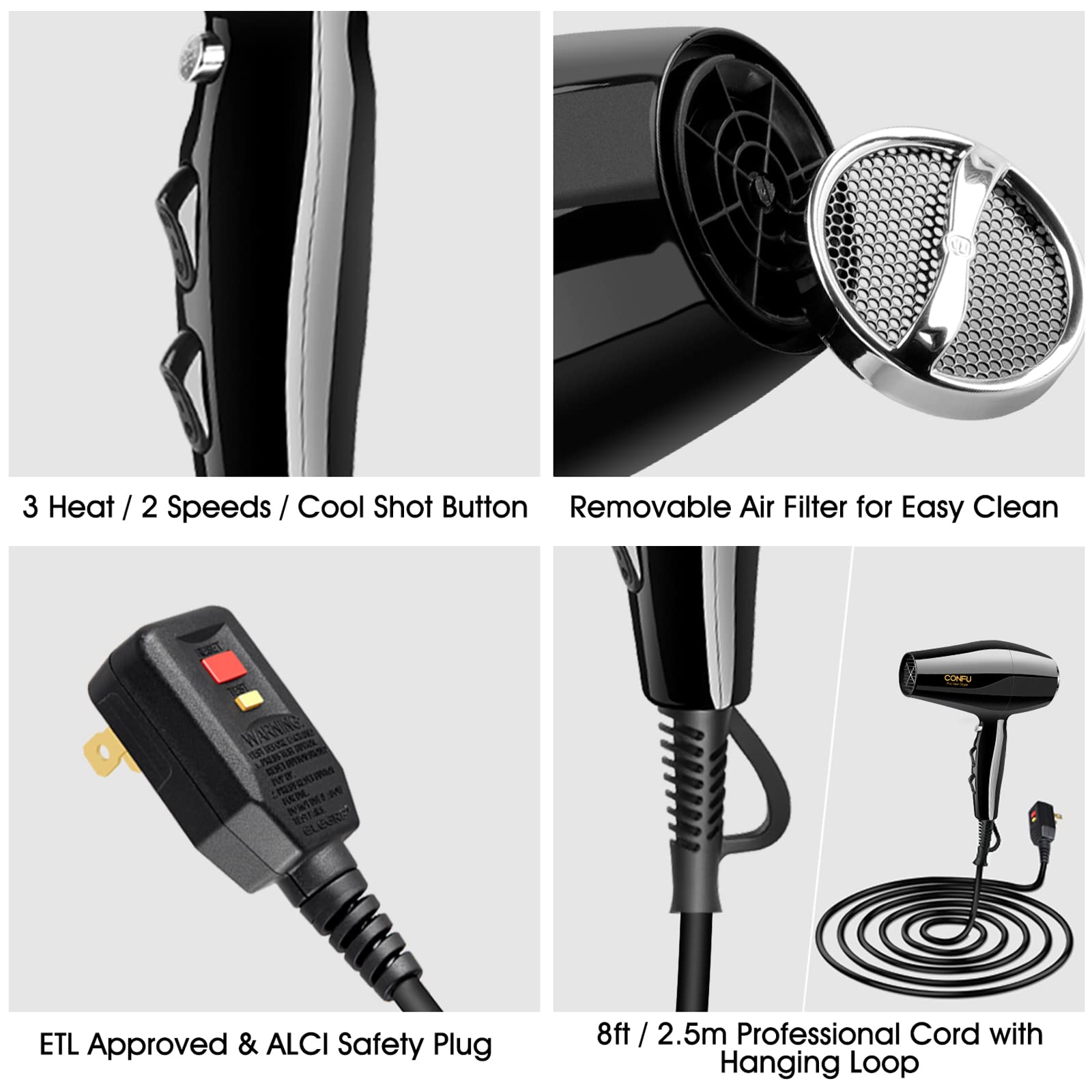 Confu Professional Blow Dryer with Diffuser, 1875w Ionic Hair Dryer with Diffuser for Curly Hair, Straight Hair, AC Motor Pro Ceramic Hair Dryers for Women and Men, Quiet and Powerful