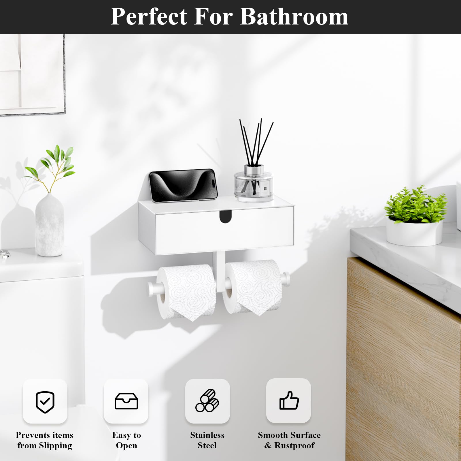 Tindbea Toilet Paper Holder with Storage - Stainless Steel Wall Mounted Toilet Paper Holder with Shelf, Flushable Wipes Holer Dispenser, Tampon Storage for Bathroom, Double Tissue Roll Holder, White