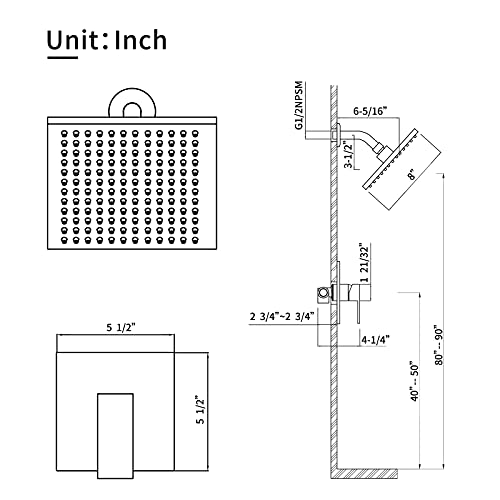Aihom Shower Faucet Set Chrome, 8-Inch Rainfall Shower Head & Stainless Steel Shower Arm, Single Function Shower System with Single Handle Brass Rough-in Valve, Shower Trim Kit