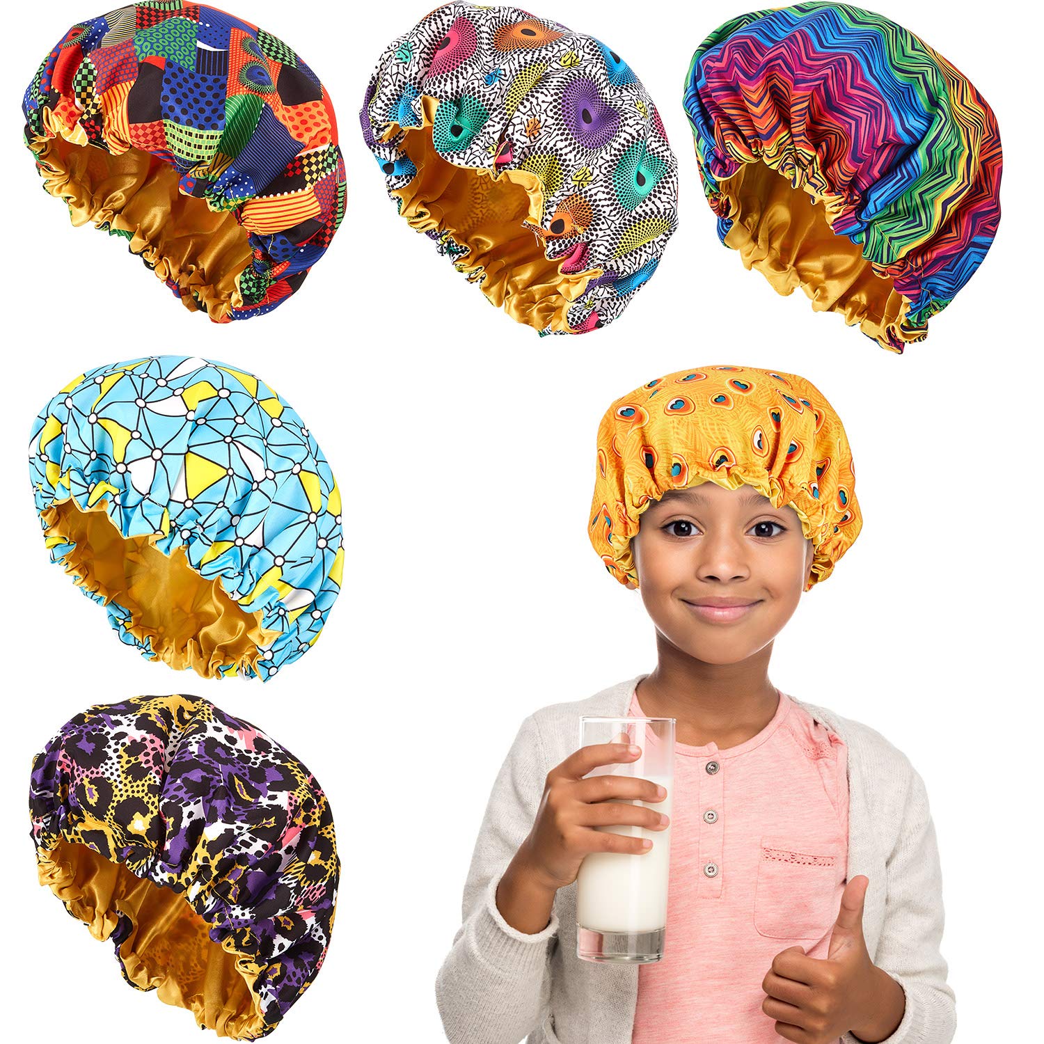 6 Pieces Kids Bonnet Kids Sleeping Hat Satin Cap Adjustable Sleeping Cap Child Night Hats African Print Cap for Natural Hair Teens (Child Size)