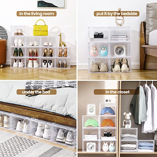 Amllas 10 Pack Clear Shoe Boxes Stackable,Shoe Storage for Closet,Sturdy Box Containers with Door,Sneaker Storage,Easy to Assemble,Fit up US Size 12(13.8βx 9.84βx 7.1β)