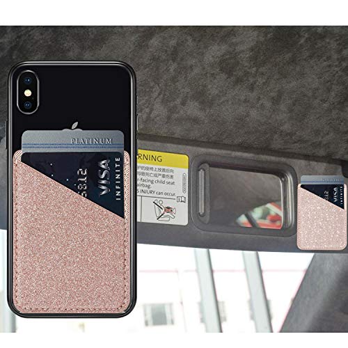 Phone Card Holder Cell Phone Stick On Phone Glitter PU Leather Sleeve Credit for iPhone Samsung Most Smartphones (Rose/Gold)
