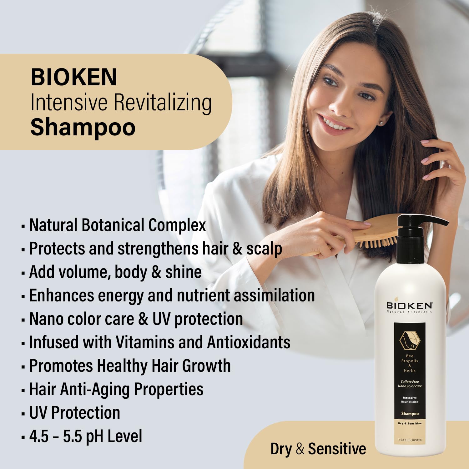 Bioken Intensive Revitalizing Shampoo – 33.8 oz Dry & Sensitive Hair Bee Propolis Herbs Promote Hair Growth Hydrating Moisturizing Nano Color Care Sulfate Free