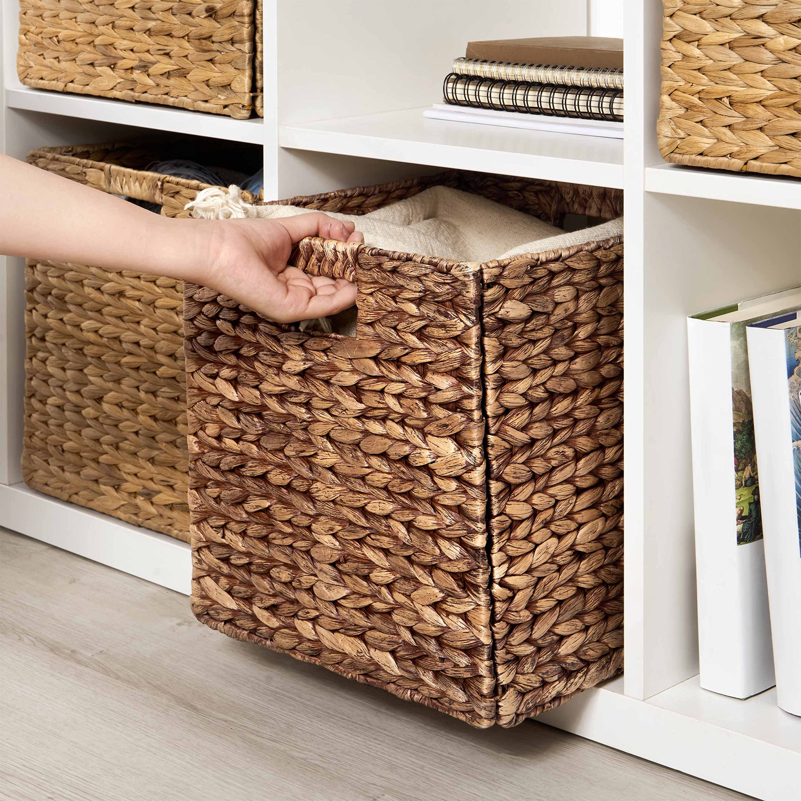 IsVie Woven Hyacinth Storage Baskets 4 Pack, Rectangle Storage Container Organizer Baskets with Built-in Handles Home Organizing Laundry Organizer Cube Baskets (Natural, Set of 4)