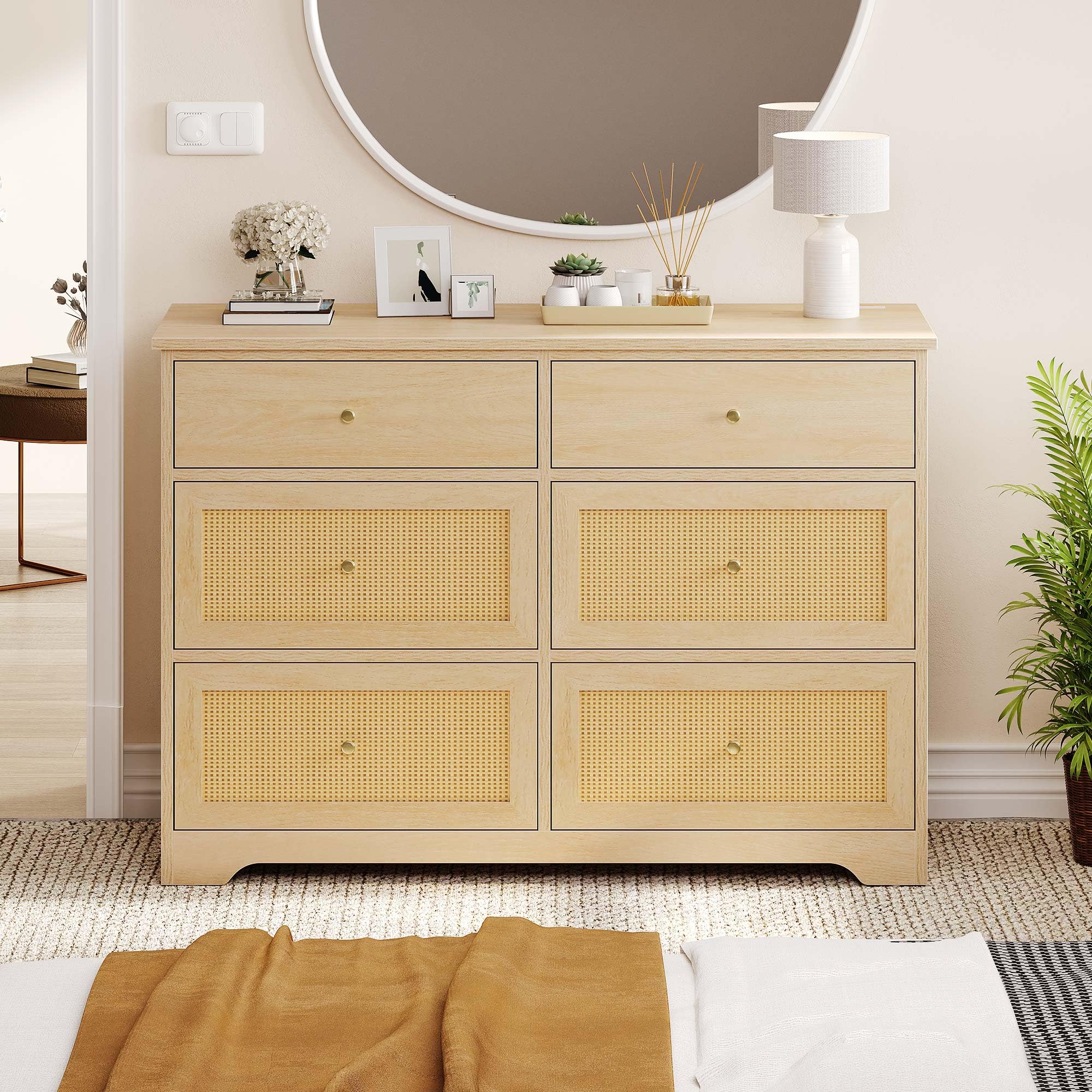YITAHOME Rattan Dressers & Chests of Drawers,6 Drawer Modern Closet Dresser, Natural