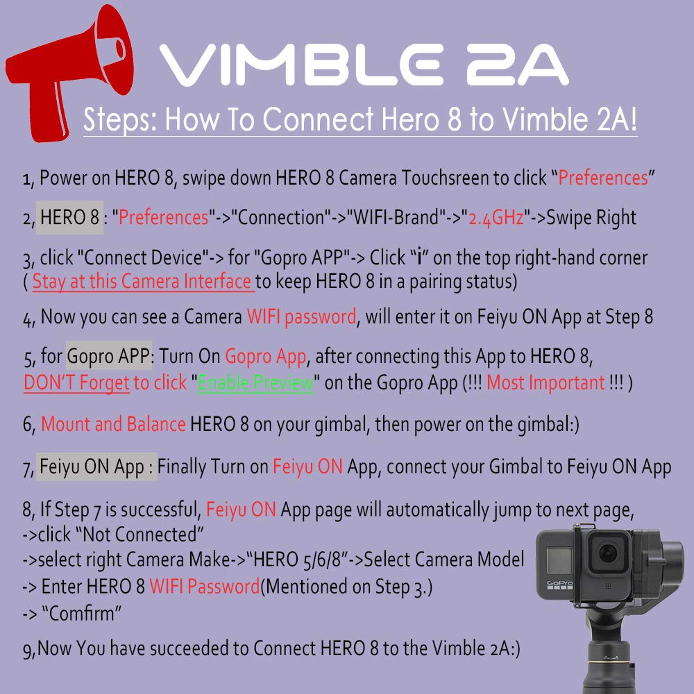 3-Axis Action Camera Gimbal Stabilizer for GoPro Hero 8/7/6/5, WiFi Connection, Handheld Gimbal Selfie Stick for SJCAM YI-CAM, 18cm Extendable Pole Portrait Mode with Tripod FeiyuTech Vimble 2A