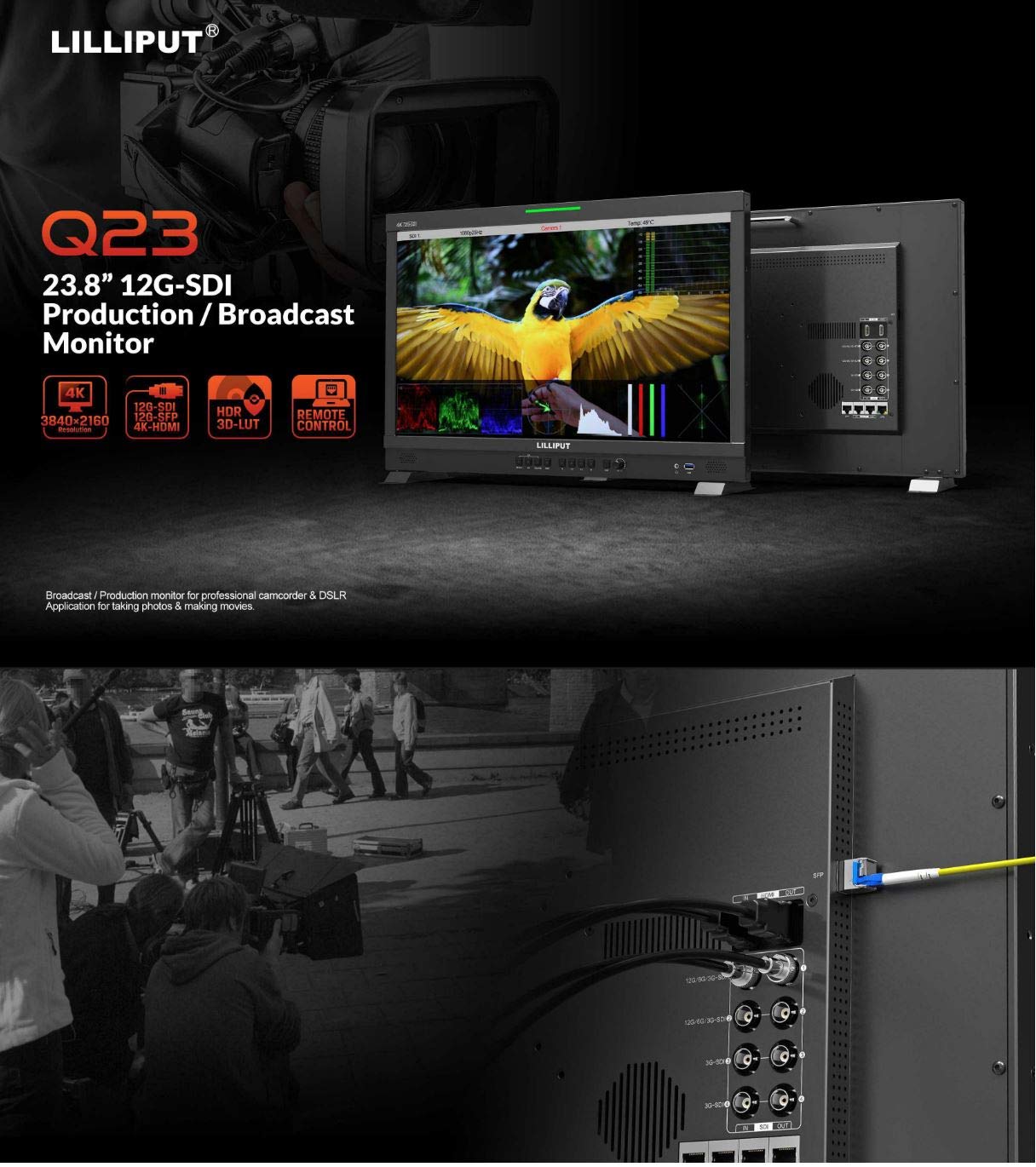 LILLIPUT Q23-ABBP 10bit 23.8 inch 12G-SDI Professional Broadcast Production Studio Monitor 12G SDI and 12G-SFP Fiber Optic Input with Gold Mount
