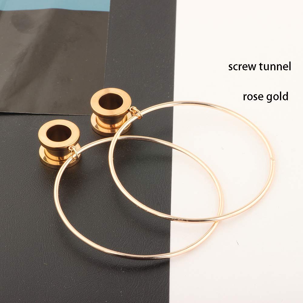 5 Pairs Stainless Steel Ear Tunnels Dangle Gauges For Women Rose Gold Hoop Double Flare Plugs Stretcher 00g Piercing Set (10mm=00g)