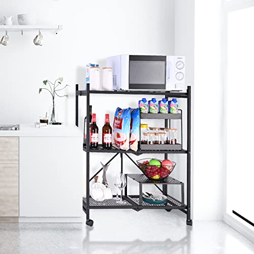 RokiaTek 3-Shelf Foldable Storage Shelves with Wheels, Large Capacity Metal Standing Shelving Unit, No Assembly Heavy Duty Organizer Rack for Kitchen, Garage, Basement, Pantry, Matte Black