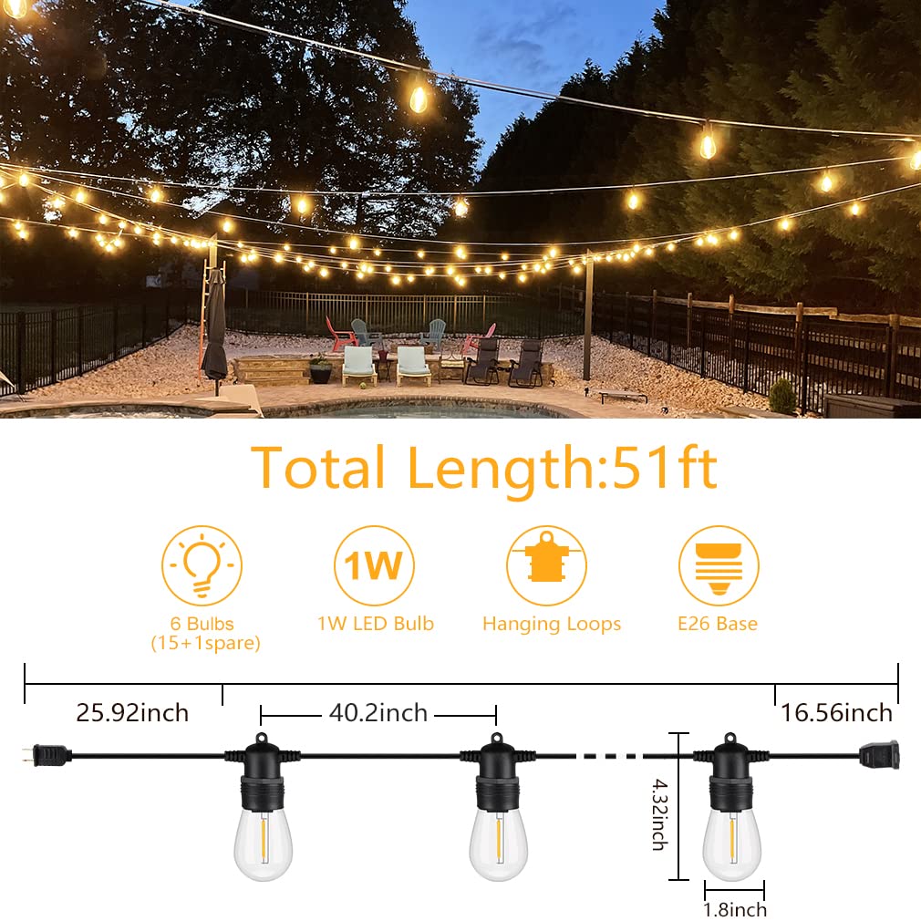 Opard 51Ft Outdoor String Lights Commercial Grade Strand Waterproof LED String Lights with 15+1 Shatterproof Bulbs for Patio Wedding Garden Backyard Porch