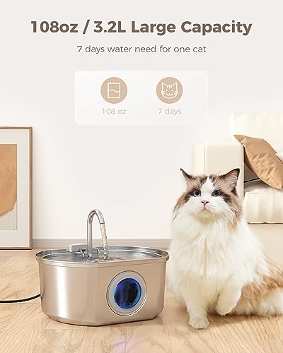 Cat Water Fountain Stainless Steel: 3.2L/108oz Large Automatic Quiet Pet Water Fountain - Dog Water Dispenser with Water Level Window - Multiple Pets - 4 Filter Replacement