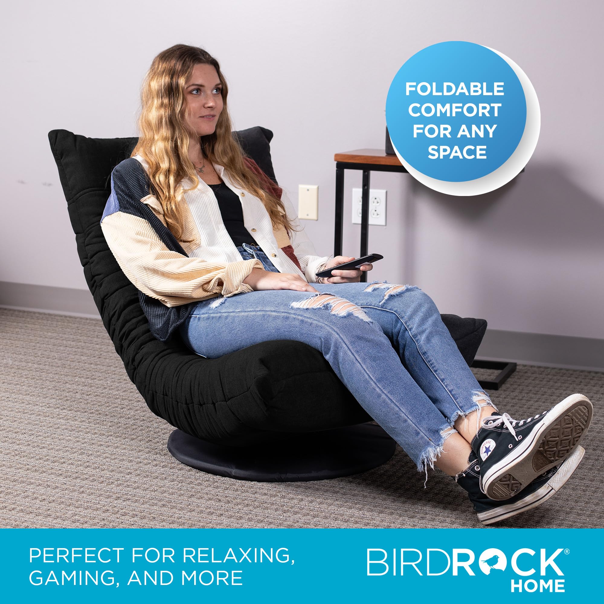 BIRDROCK HOME Swivel Floor Chair for Adults & Kids - 360-Degree Rotating Lounge Chair - 8" Thick Cushion Banana Chair Foldable & Comfy Back Support Seat for Gaming Reading Watching Relaxing - Charcoal