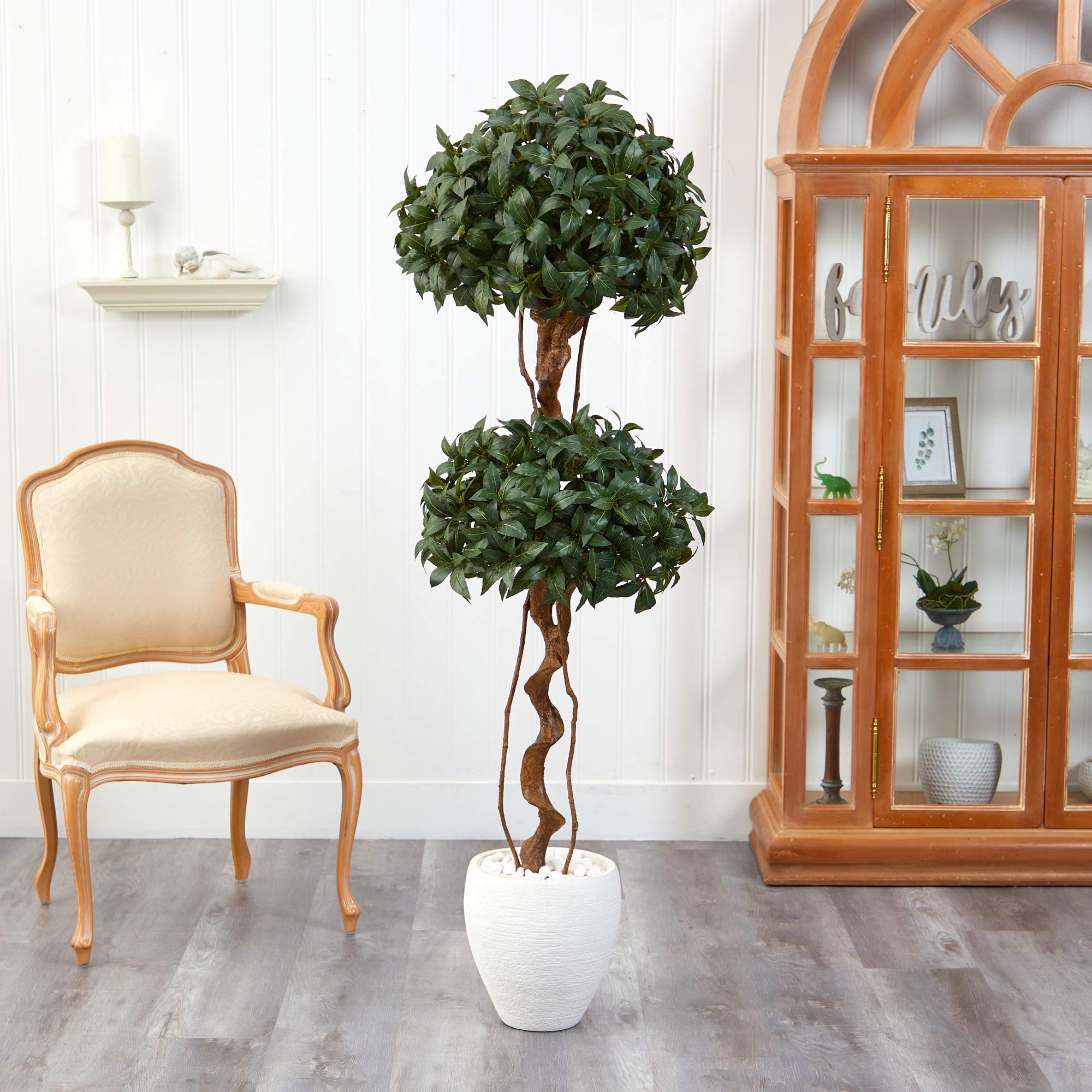 5.5ft. Sweet Bay Double Ball Topiary Artificial Tree in White Planter