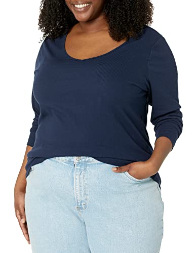 Amazon Essentials Women's Slim-Fit Layering Long Sleeve Knit Rib V-Neck (Available in Plus Size), Pack of 2, White/Navy, 3X