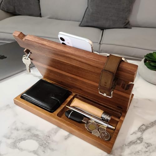 ETERLUCK Wooden Docking Station Men, Nightstand Organizer Bundle w/RFID Blocking Leather Wallet - Charging Station, Cell Phone Stand, Tablet Stand, Husband Gifts from Wife, for Dad - Walnut
