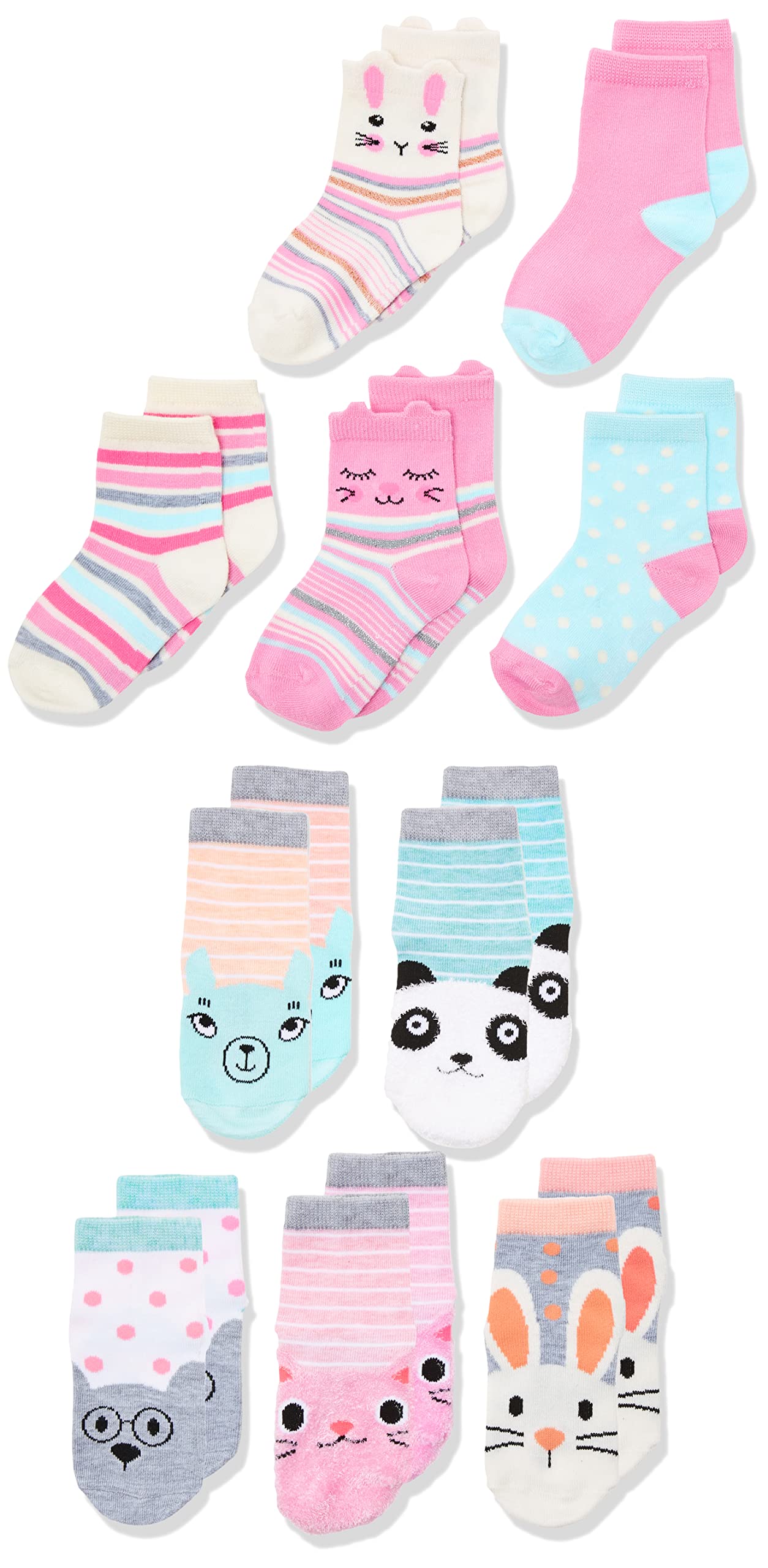 CHEROKEE girls Cherokee 10 Pack Crew Casual Sock, Assorted Pastel Critters, 12-24 Months US