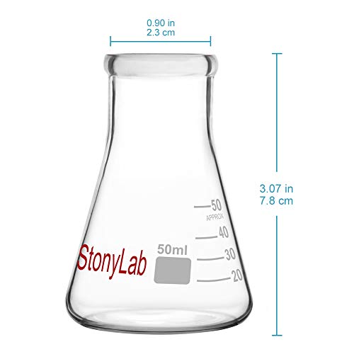 stonylab 1-Pack Glass 50 ml Heavy Wall Narrow Mouth Erlenmeyer Flasks with Heavy Duty Rim - (50ml Fits with StonyLab 4# Rubber Stopper)
