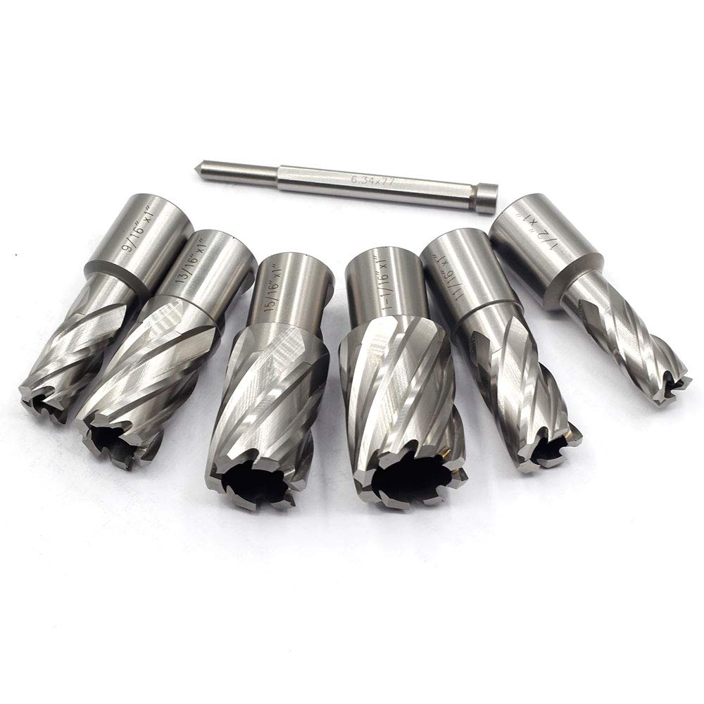 OSCARBIDE Annular Cutter Set 7 Pieces 3/4" Weldon Shank 1"Cutting Depth,1/2 to 1-1/16 inch Diameter,2 Flats Annular Cutters HSS Mag Drill Bits Kit for Magnetic Drill Press with 1 Pieces Pilot Pin