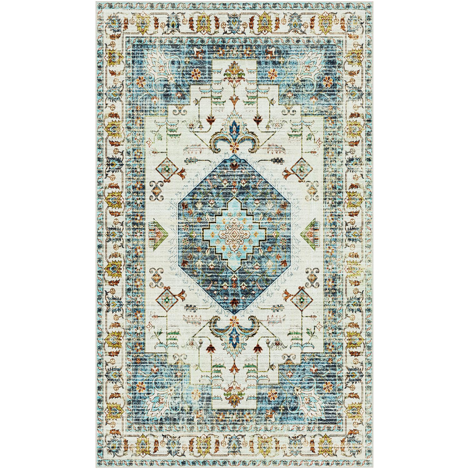 4x6 Small Boho Area Rug & Carpet for Bedroom, Entryway, and Living Room – Soft, Machine Washable Fabric with Non-Slip TPR Backing and Sturdy Sewn Edges