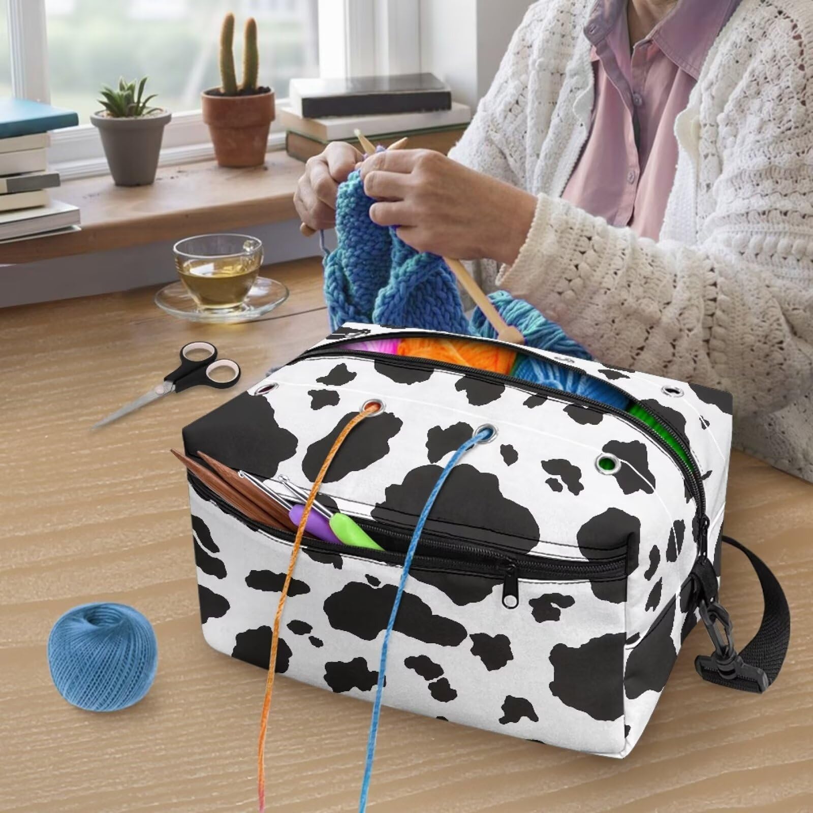 Kathyboom Cow Print Knitting Bag for Yarn Storage, Large Capacity Yarn Tote Organizer Crochet Bag for Knitting Needles, Crochet Hooks and Other Accessories