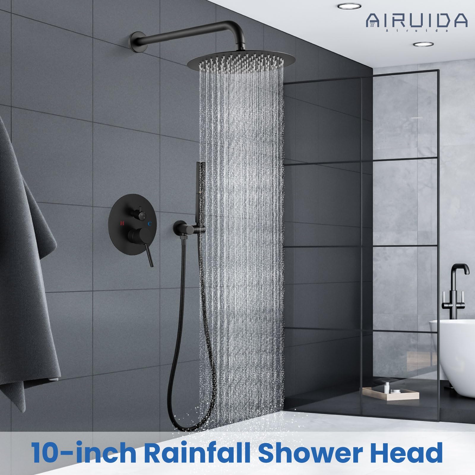 Airuida Shower Fixtures Matte Black 2 Functions 10 Inches Round Rainfall Shower Head and High Pressure Brass Shower Handheld Mixer Bathroom Wall Mount Shower System with Rough-in Valve