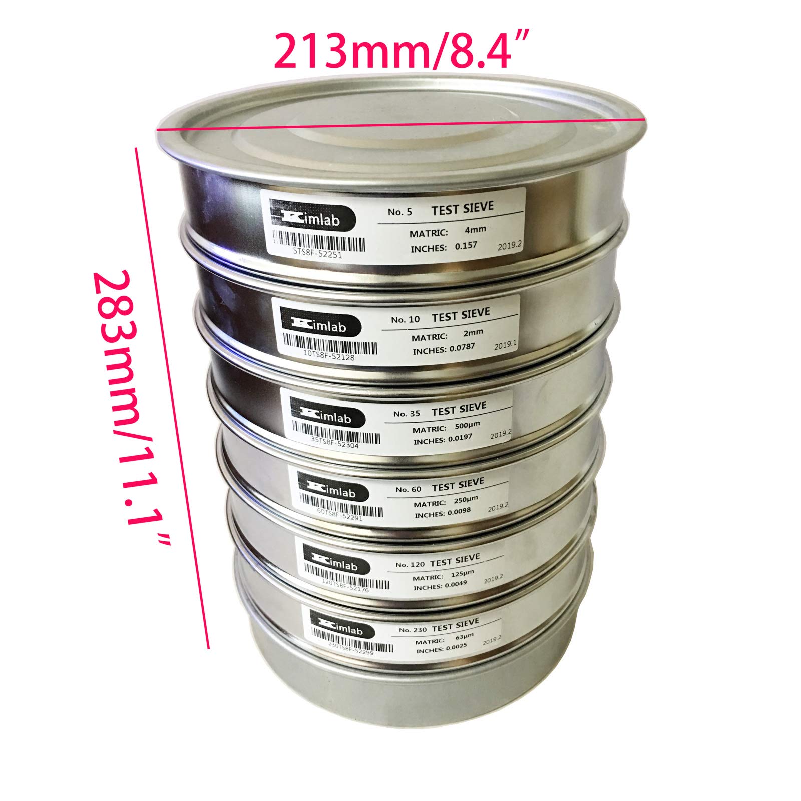 KimLab Economy 8 Pcs Test Sieve with Lid and Pan,#5,#10,#35,#60,#120,#230 Mesh Size,304 Stainless Steel Wire Cloth, 8" Diameter