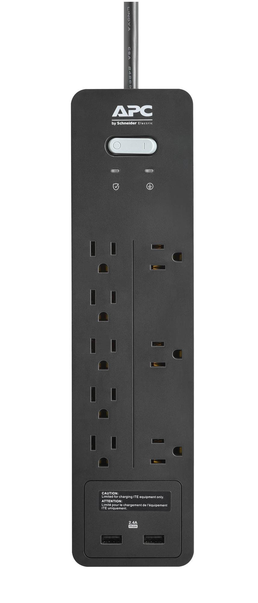 APC Power Strip Surge Protector with USB Charging Ports, PH8U2, 2160 Joules, Flat Plug, 8 Outlets Black