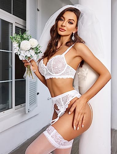 Avidlove Lace Garter Lingerie Set with Underwire Push Up Lingerie Set (No Stockings) (White, S)