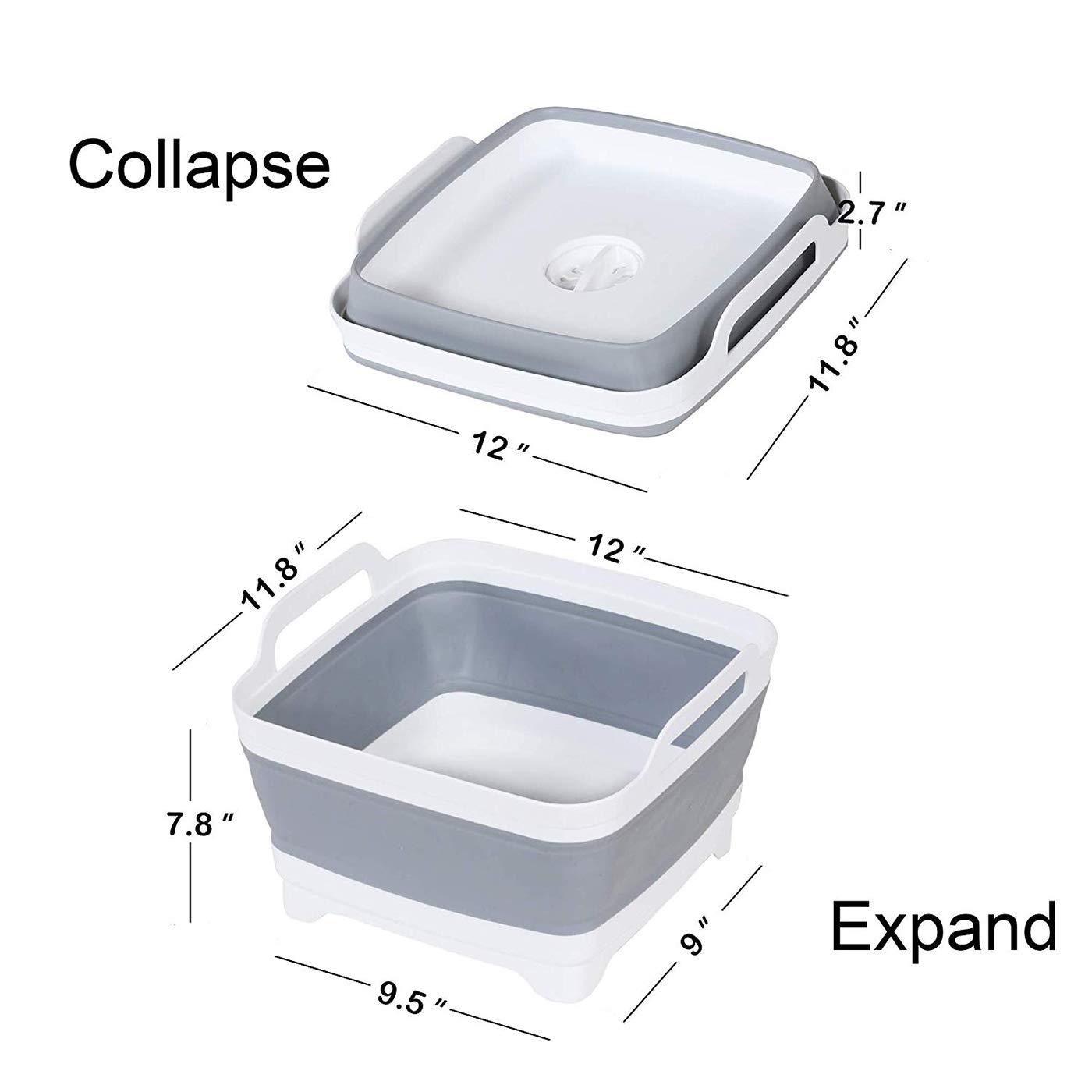 AAKitchen Collapsible Dish Pans Portable Washing Basin Dish Pan with Handle Foldable Strainer Wash and Drain Dish Tub Drainer over Sink Colander Draining Basket for RV Car (White/Grey)