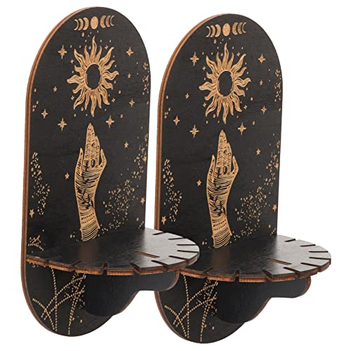 Amosfun 2pcs Stone Crystal Moon Hand Wood Organizer for Gems Display Shelves Phase Divination Room Decoration Wooden Decorative Stand Living Wall Bohemian Style Crystals Delicate