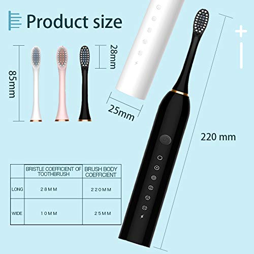 Sonic Electric Toothbrush Rechargeable Ideal for Adults Children, 6 Optional Modes IPX7 USB Fast Charging Electric Ultrasonic Toothbrush with 2 min Build in Timer & 4 Replacement Brush Heads(Black)