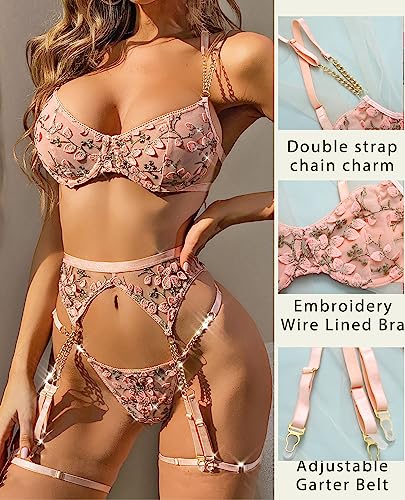 Avidlove Lingerie Set for Women Sexy 4 Piece Garter Lingerie Lace Underwire (Pink, M)