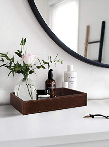 HofferRuffer Decorative Vanity Tray, Desktop Storage Organizer, Catchall Tray, Valet Tray, Nightstand or Dresser Organizer, PU Faux Leather Bathroom Tray, Brown, 10.2 x 8.4 x 1.8 inches