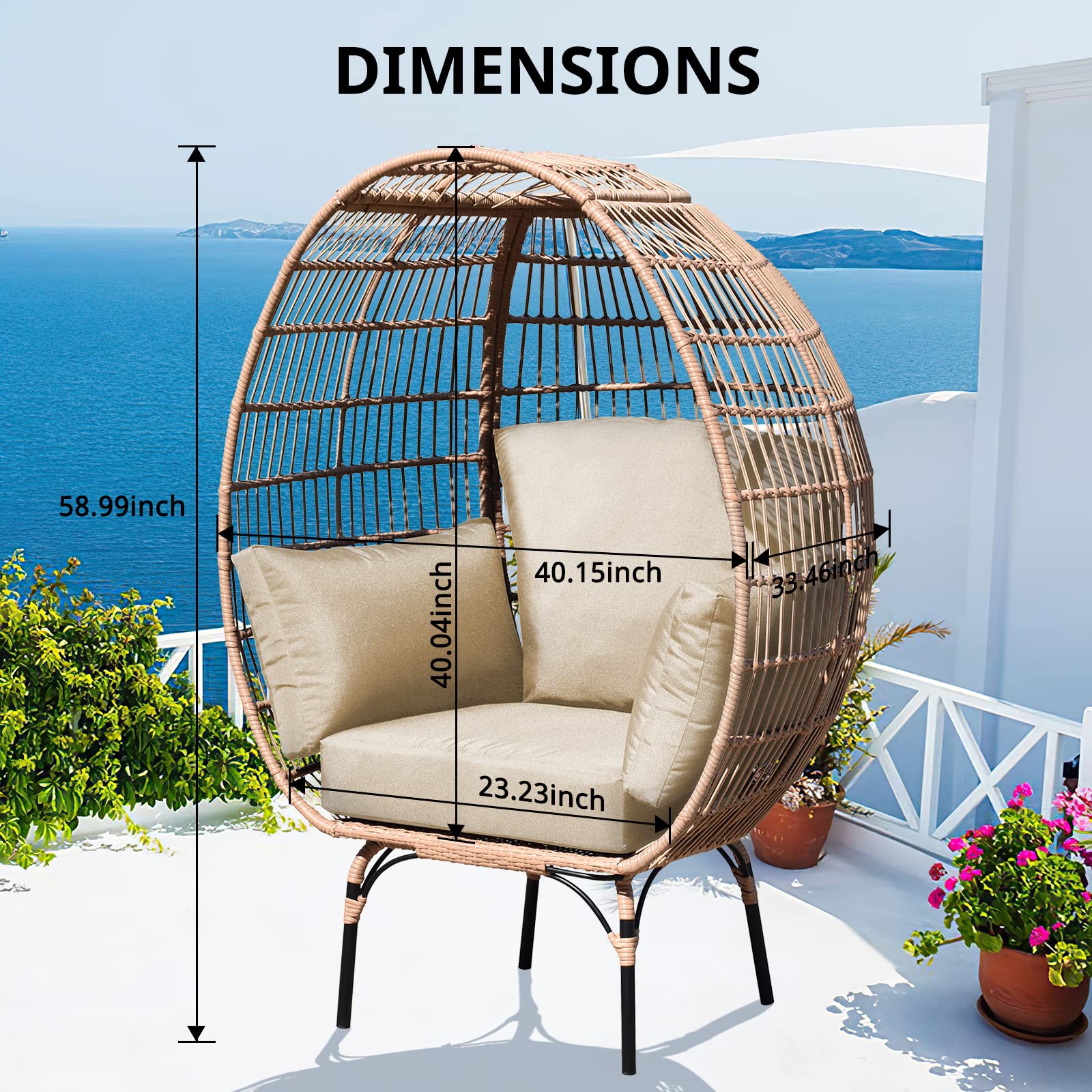 OTSUN Wicker Egg Chair, Oversized Indoor Outdoor Lounger for Patio, Backyard, Living Room with 4 Cushions, Steel Frame, Apricot