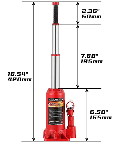 BAOSHISHAN 3 Ton Double Ram Bottle Jack 6-1/2" to 16-1/2" Lifting Range Portable Hydraulic Jack with Carrying Case