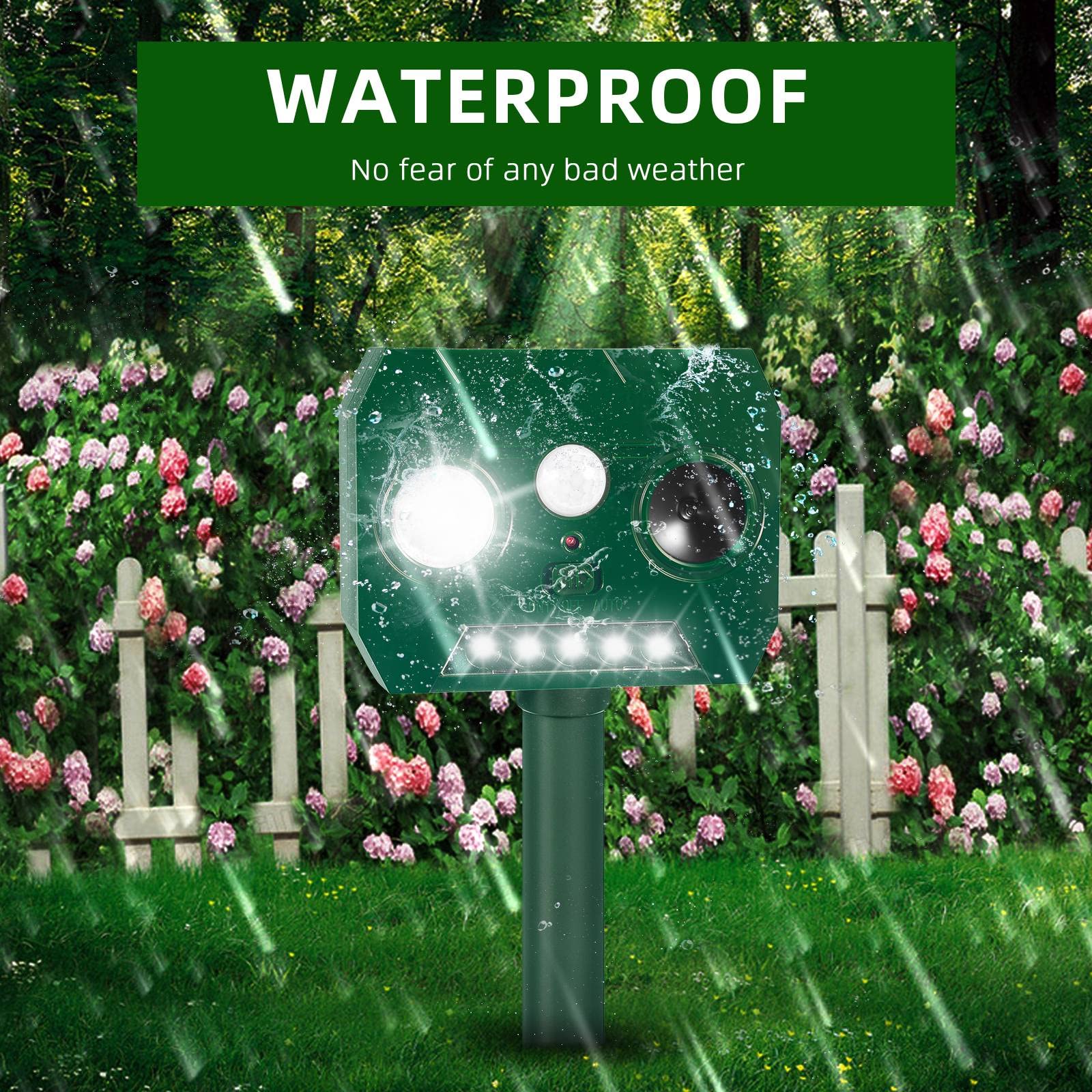 4 Pcs Solar Ultrasonic Animal Repellent Outdoor Waterproof Animal Deterrent Devices with Motion Sensor & 5 Strobe Lights & Explosive Flash Light & Speaker for Stray Cat Deer Dog Rabbit Raccoon Coyote