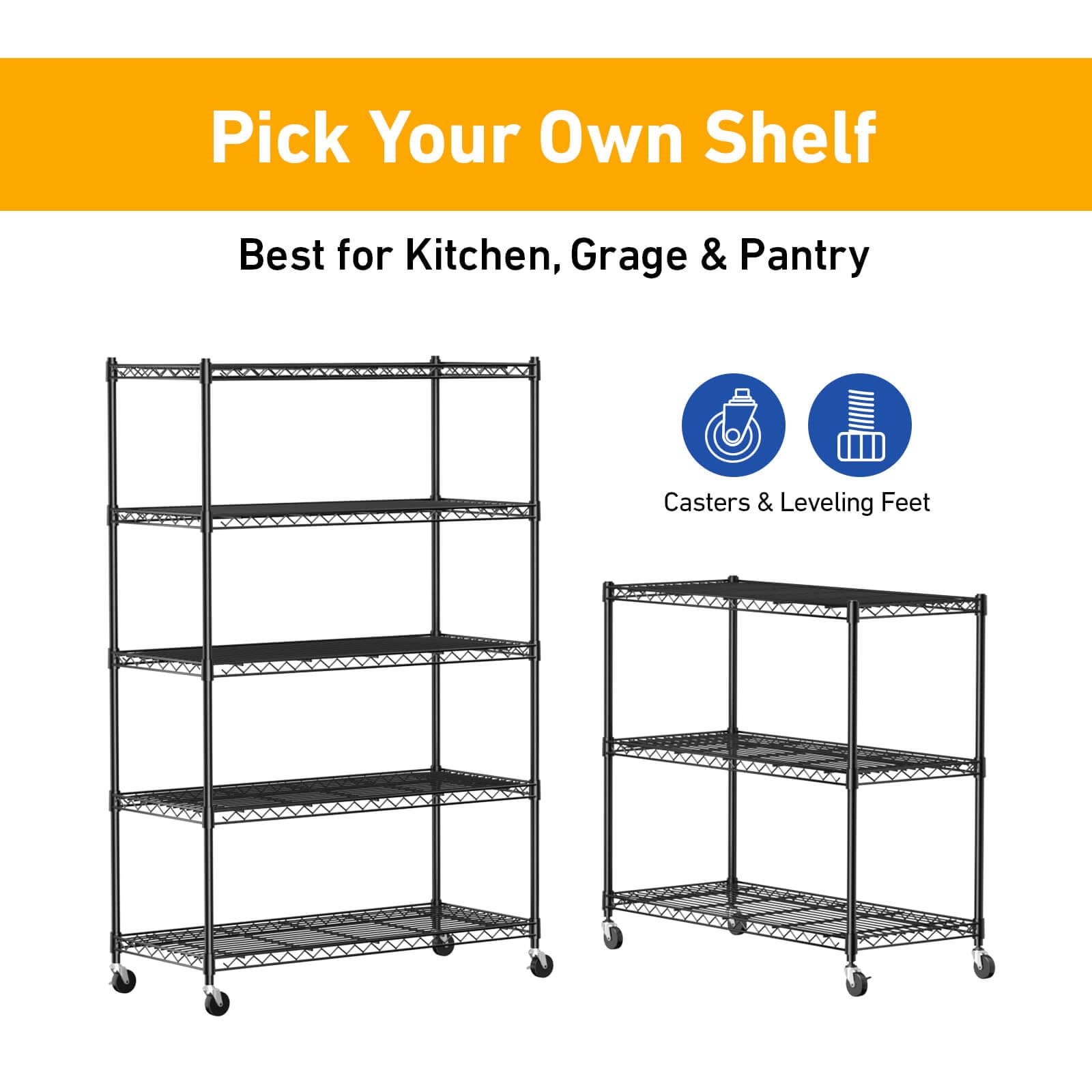 LaCyan 3-Tier Adjustable Storage Shelving Unit, Heavy Duty Steel Wire Rack with Wheels and Adjustable Feet for Pantry, Garage, Bakers Rack Kitchen Shelving (350 lbs/Shelf), Black
