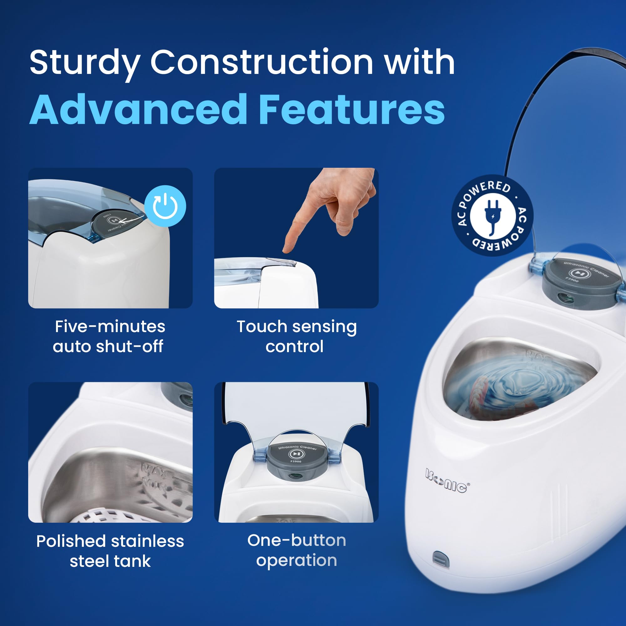 iSonic F3900 Ultrasonic Denture/Aligner/Retainer Cleaner for all dental and sleep apnea appliances, 110V 20W (tank no longer removable) , White , 0.4Pt/0.2L