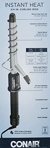 Conair Instant Heat Spiral 3/4-Inch Curling Iron, spiral guide on barrel to help achieve spiral curls – for use on short to medium hair